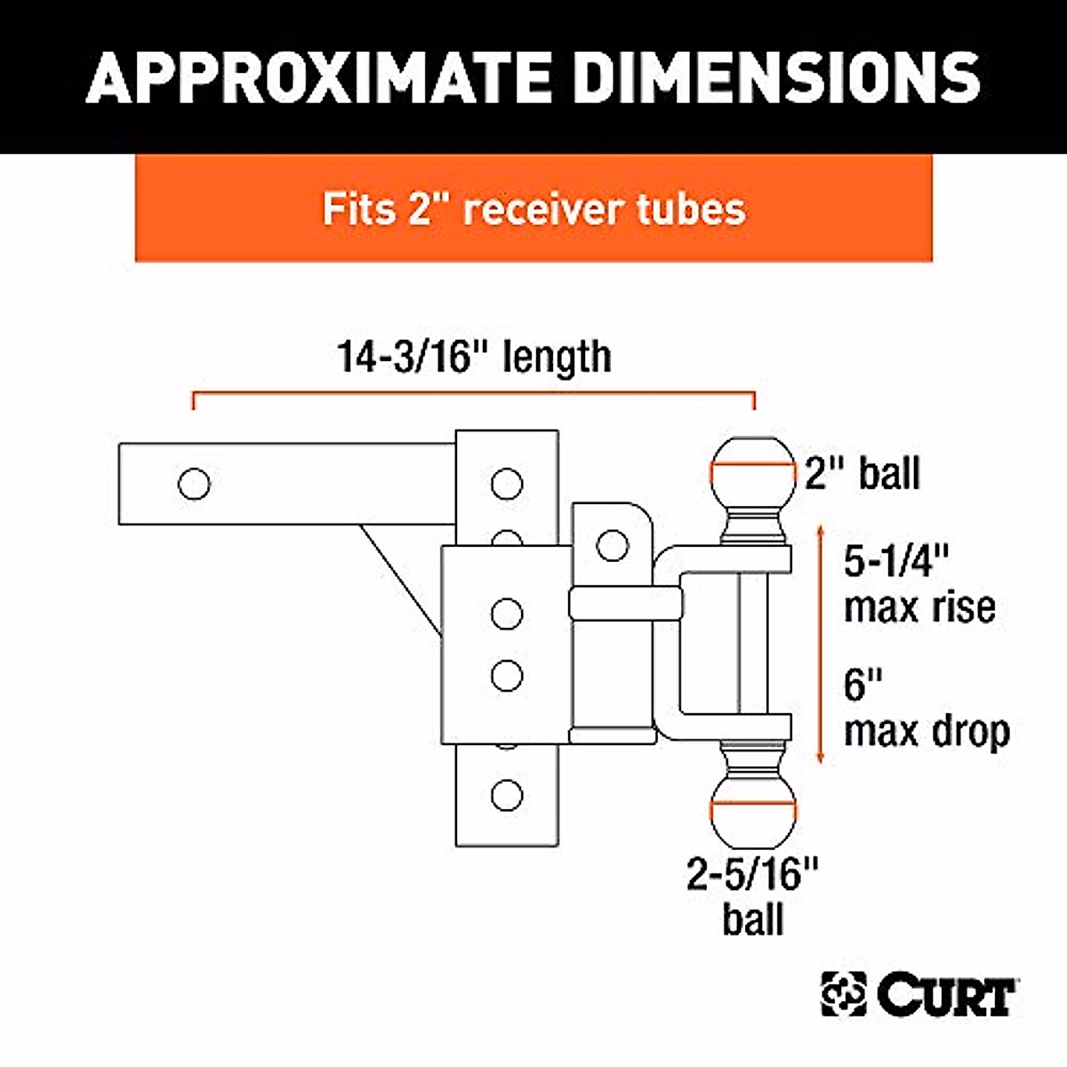 CURT 45049 Adjustable Trailer Hitch Ball Mount, Fits 2-Inch Receiver, 6-1/2-Inch Drop, 2 and 2-5/16-Inch Balls, 10,000 lbs , Black