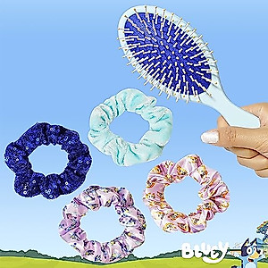 Bluey Hair Accessory 5 Pcs Set - 1 Regular 9 inch Bluey Hair Brush For Girls + 4 Bluey Scrunchies For Kids - Hair Accessories For Girls - Detangling Brush - Elastic Hair Ties Ropes Scrunchies Ages 3+