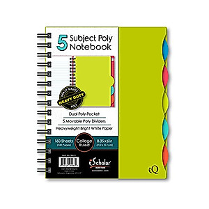 iScholar 5 Subject Poly Cover Double Wire Notebook, 8.35 x 6 Inches, Cover Color May Vary (58615)160 Sheets , Assorted