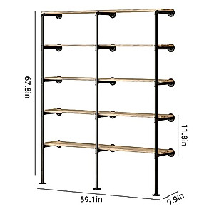 FJANKUI 5 Tier Industrial Rustic Wall Mount Wood Floating Iron Pipe Shelving, DIY Open Wall Display Bookshelf, Black Metal Bracket Storage Wall Shelf for Utility Shelves, Office Shelves, Etc