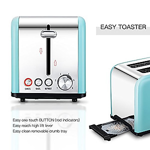 Toaster 2 Slice, Retro Small Toaster with Bagel, Cancel, Defrost Function, Extra Wide Slot Compact Stainless Steel Toasters for Bread Waffles, Blue