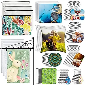 114Pcs Sublimation Blanks Products, Sublimation Blanks Set Including DIY Blank Makeup Bag, Keychain, Earring, Pillow Cover, Mouse Pad, Coaster, Garden Flag for Sublimation Transfer Heat Press Printing