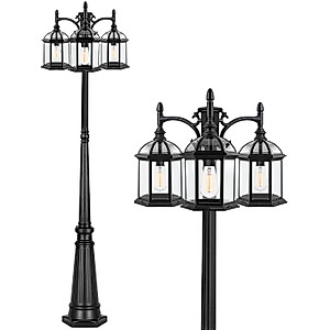 Aluminum Outdoor Lamp Post Birdcage, Hardwired Street Light Post for Outside, 3-Head Pole Light Modern Lamp Post Outdoor Lighting with Clear Glass Panels for Garden Patio Backyard Walkway Driveway