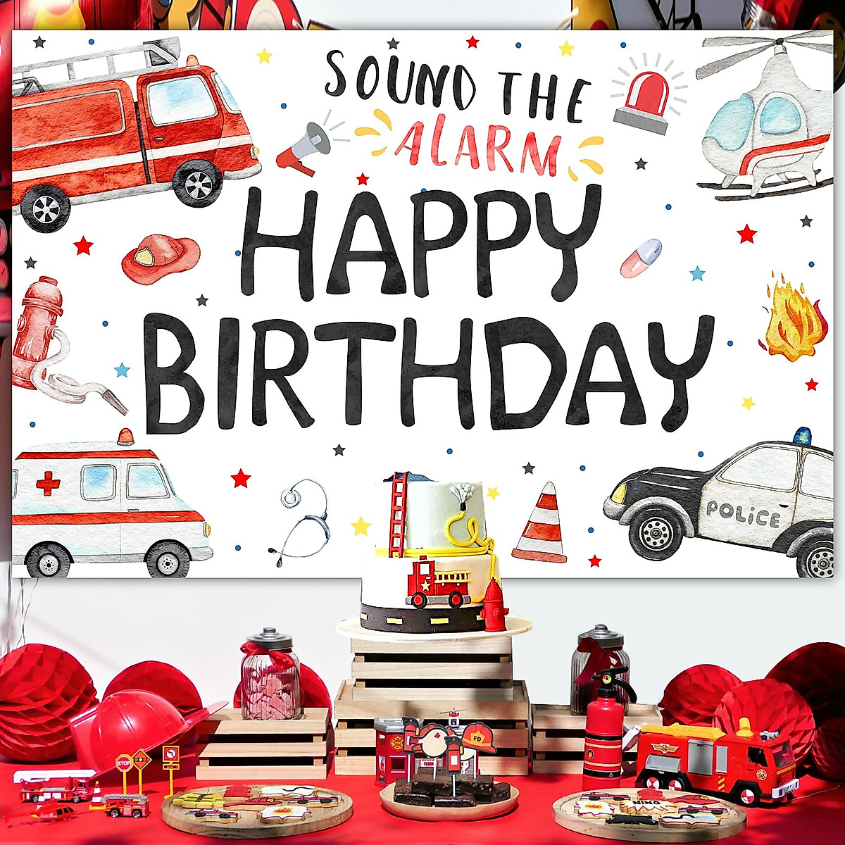 Wonmelody Emergency Birthday Decorations Backdrop Happy Birthday Sound the Alarm Backdrop Banner Rescue Vehicle Birthday Party Supply Team Rescue Backdrop First Responder Transportation Party