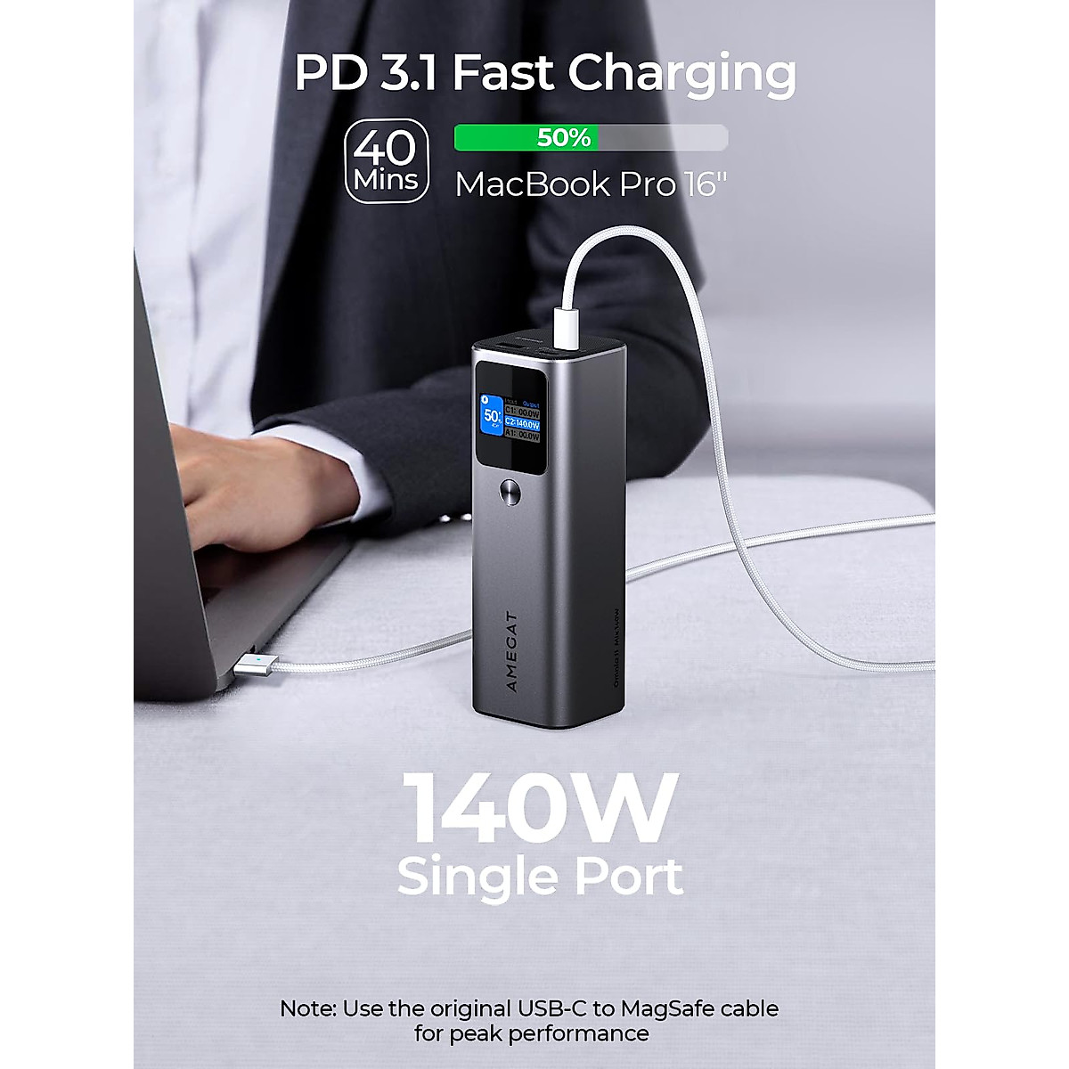 AMEGAT Power Bank 140W, 27600mAh 3-Port Portable Charger PD 3.1 Battery Pack, Smart Digital Display, 140W USB C Fast Recharge, Compatible with iPhone 15/14/13 Series, Samsung, MacBook, Dell, and More