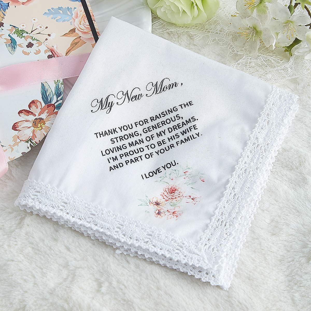Udobuy Wedding Handkerchief Gift for Bride Groom Mom Dad Grandma Friends,Printed Wedding Hankies,Keepsake Hankie for Mother... (Mother of the Groom)