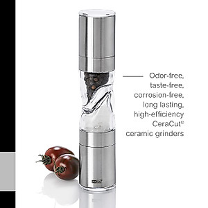 AdHoc Duomill Pure Salt and Pepper Combo Mill - 2-in-1 Salt and Pepper Grinder with Aroma Bottom Cap - Adjustable Grinder - Refillable Spice Tools - Hand Wash Kitchen Tool - Stainless Steel, 9"