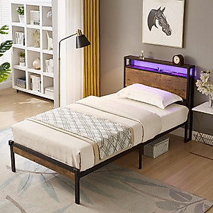 Twin Size Platform Bed, Modern Metal Bed Frame with Headboard, USB, LED Lights and Under-Bed Storage Space, Single Metal Bed Frame for Bedroom, Noise-Free, Easy to Clean