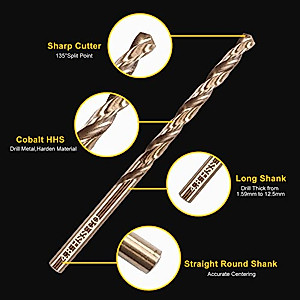 16PCS Impact Drill Bit Set for Metal, Cobalt Drill Bits High Speed Oxide Twist Jobber Drill Bit Set for Hardness Alloy Steel Wood Aluminum Cast Iron 1/16"-1/2"
