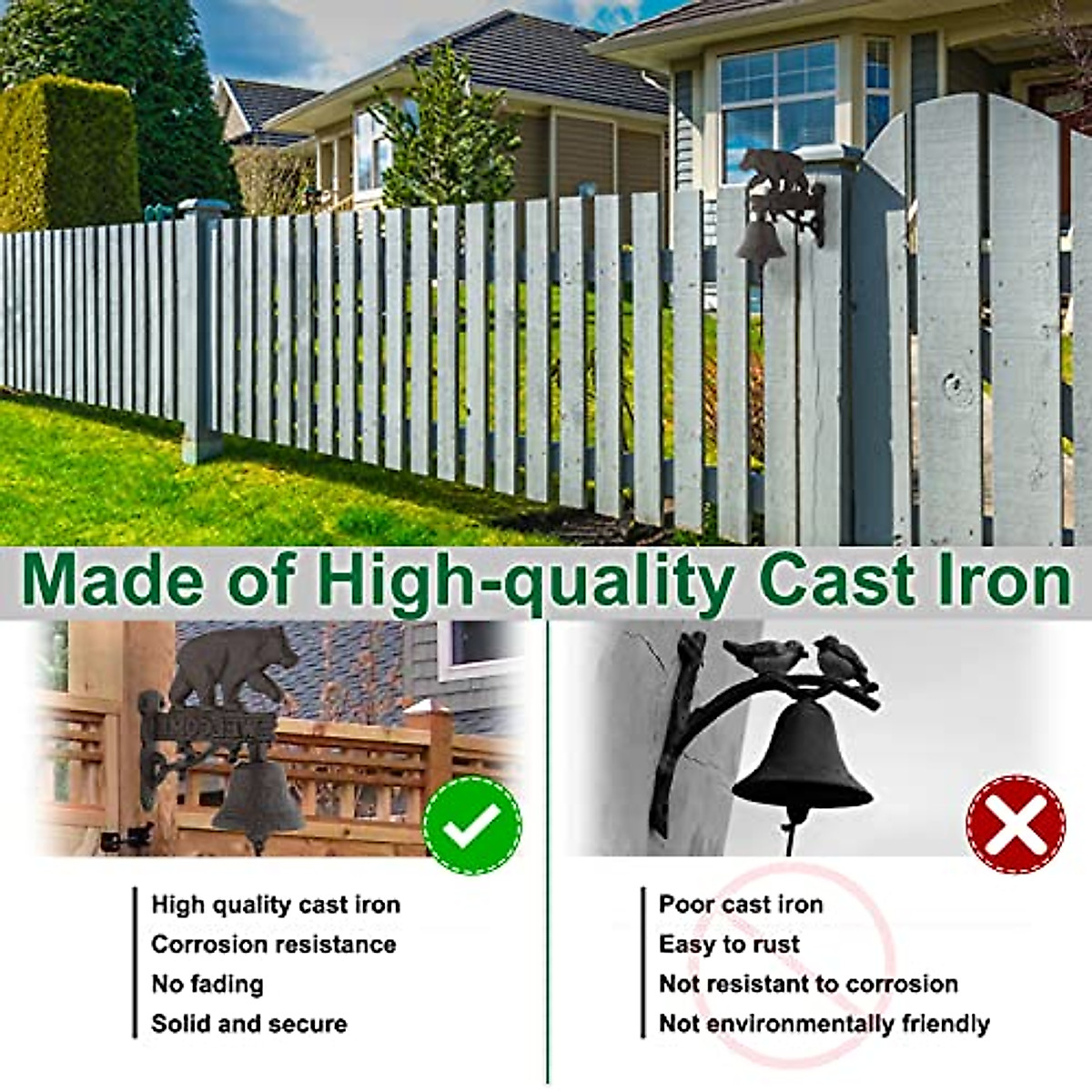 KAVSI Dinner Bell Heavy Duty Cast Iron Wall Hanging Bell, Bear Welcome Sign Decorative Bells, Indoor Antique Style Door Bell, Outdoor Wind Chimes Wall Mounted Bells for Church, School, Home Decor