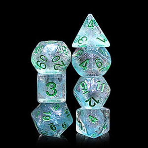 DND Polyhedral Dice RPG Dice for Dungeons and Dragons,Pathfinder,MTG,D&D Role Playing Game,Green Single Floating Transparent Flashing Green Glitter Dice Set,with Grey Waterproof Bag