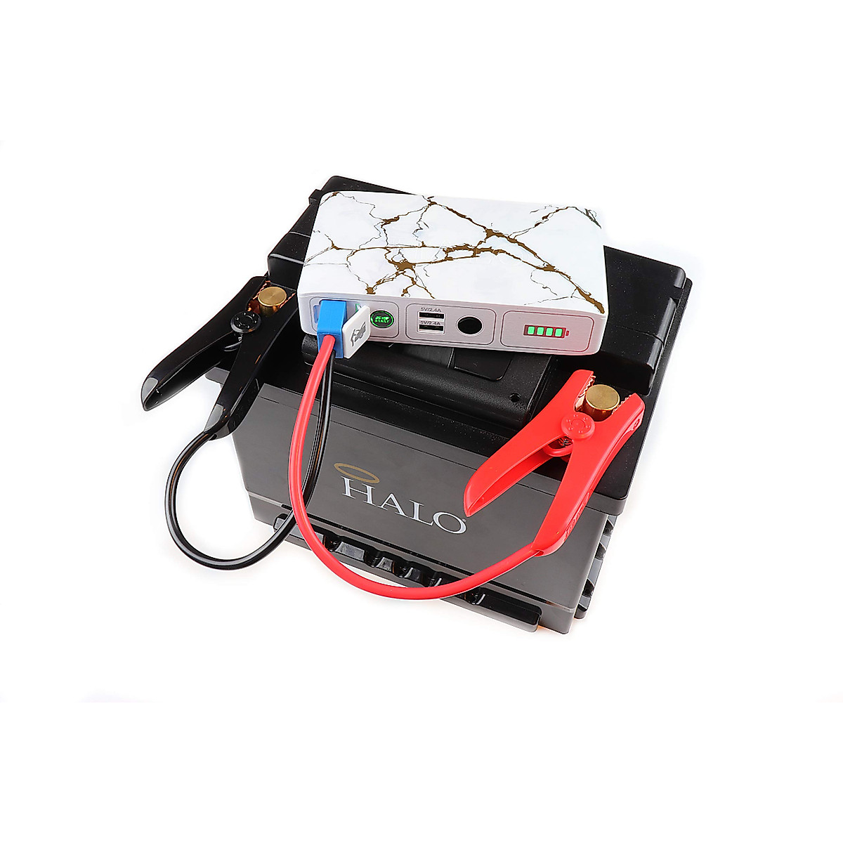 HALO Bolt Compact Portable Car Jump Starter - Car Battery Jump Starter with 2 USB Ports to Charger Devices, Portable Car Charger - Gold Marble