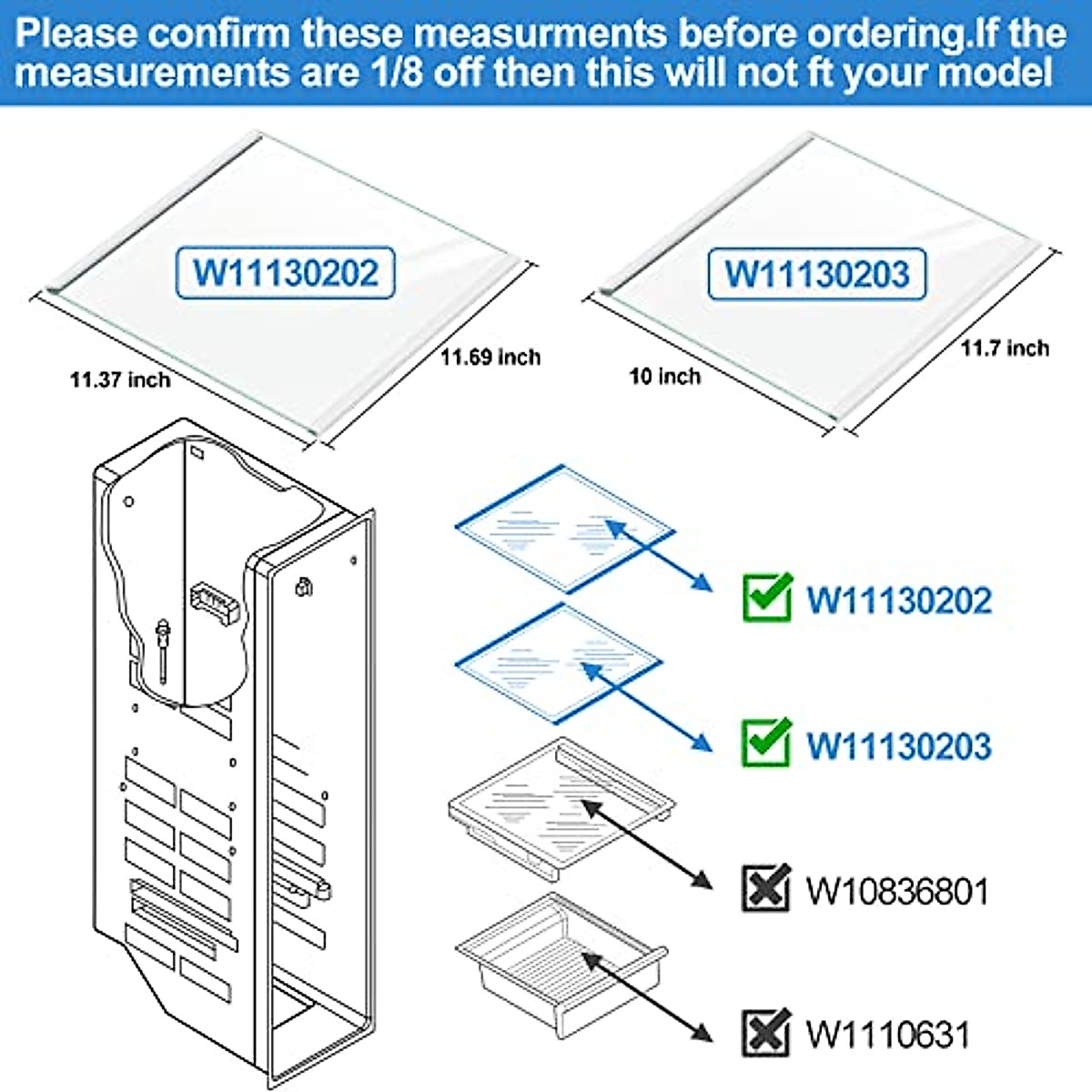 UPGRADED W11130202 Freezer Glass Shelf & W11130203 Freezer Shelf Replacement Compatible with Whirlpool Refrigerator Freezer Shelf Replacement,Fridge Tempered Glass Freezer Shelf,WRS571CIHZ Glass Shelf