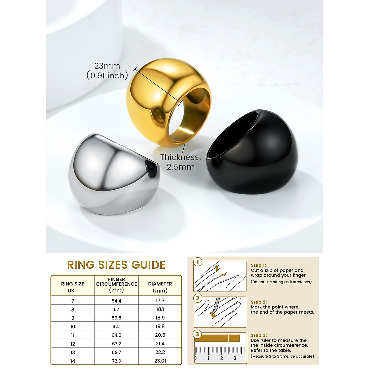 GOLDCHIC JEWELRY Gold Statement Ring for Women, 23mm Oversized Chunky Dome Rings Thick Cocktail Rings Size 7