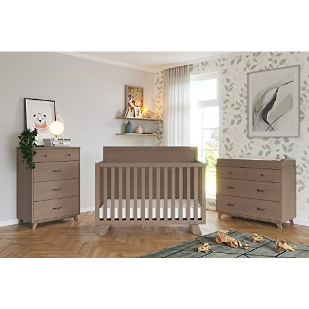 Child Craft SOHO 4-in-1 Convertible Crib with Flat-Top Headboard, Mid-Century Modern Baby Crib, Dusty Heather