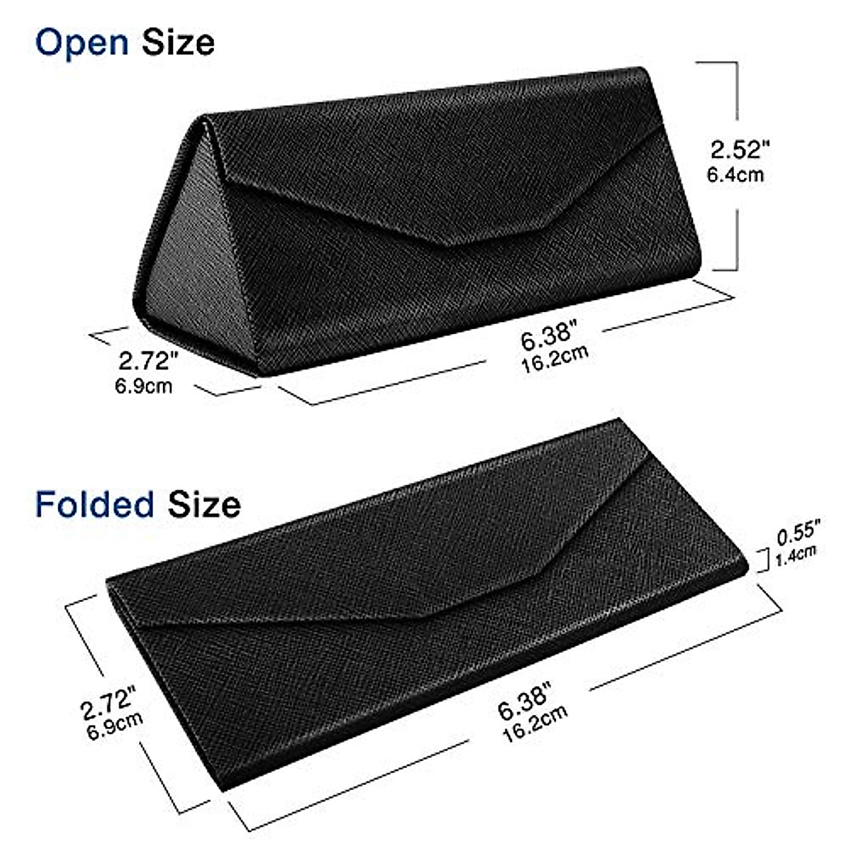 MoKo Foldable Eyeglass Case, PU Leather Portable Lightweight Sunglasses Storage Triangular Fold Case Eyewear Protector Box with Magnet Closure and Cleaning Cloth for Men Women Youth Kids, Black