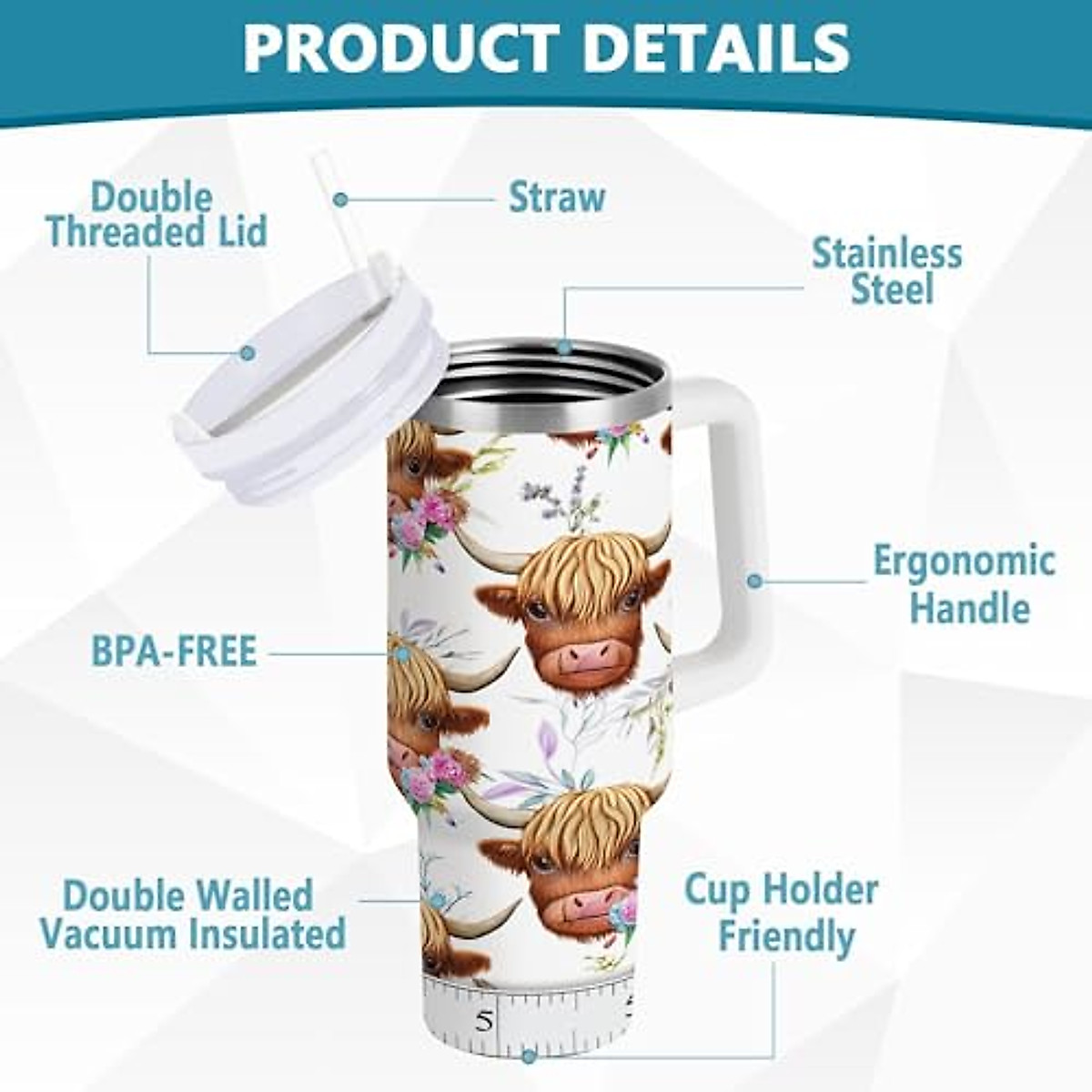 RPLIFE Cute Highland Cow Stainless Steel Coffee Tumbler, Insulated Cup with Straw, Tumbler for Men