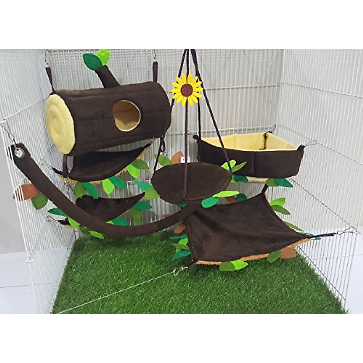 HOT! 7 Pcs/Set Cute Sugar Glider Hamster Marmoset Squirrel Chinchillas Small Pet Hanging Log + Edge Corner Dark Brown Cage Set Forest Pattern Get Free 1 Small Pet Treats, PB's REPUBLIX
