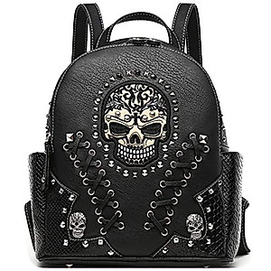 Cowgirl Trendy Sugar Skull Punk Art Rivet Stud Biker Purse Women Fashion Backpack Python Daypack Shoulder Bag Wallet Set (Black Set), Large