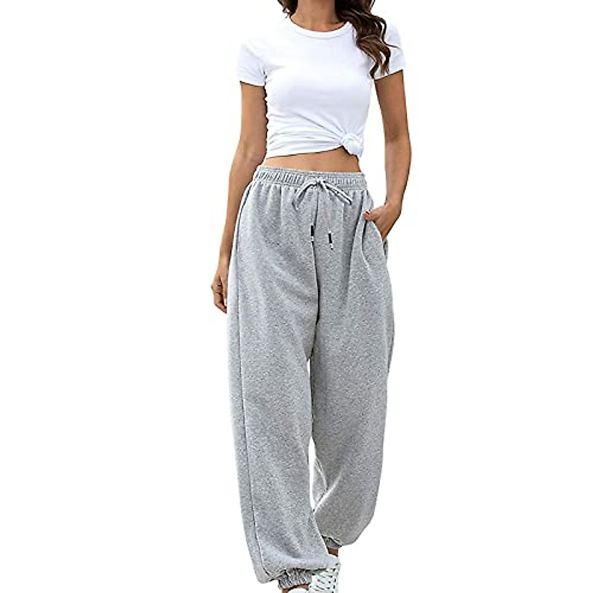 Sweatpants for Teen Girls High Waisted Baggy Cinch Bottom Sweatpants Yoga Workout Athletic Jogger Lounge Bottoms Trousers(Grey,Small)