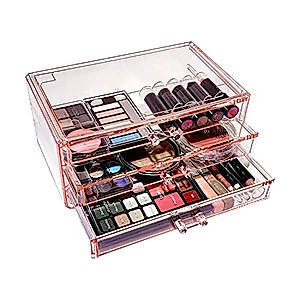 Ikee Design Acrylic Jewelry Makeup Storage Drawer Organizer, 3 Pieces Storage Set for Home Storage and Office Stationary Drawers, Pink Color, 9.38" W x 5.38" D x 12.75" H