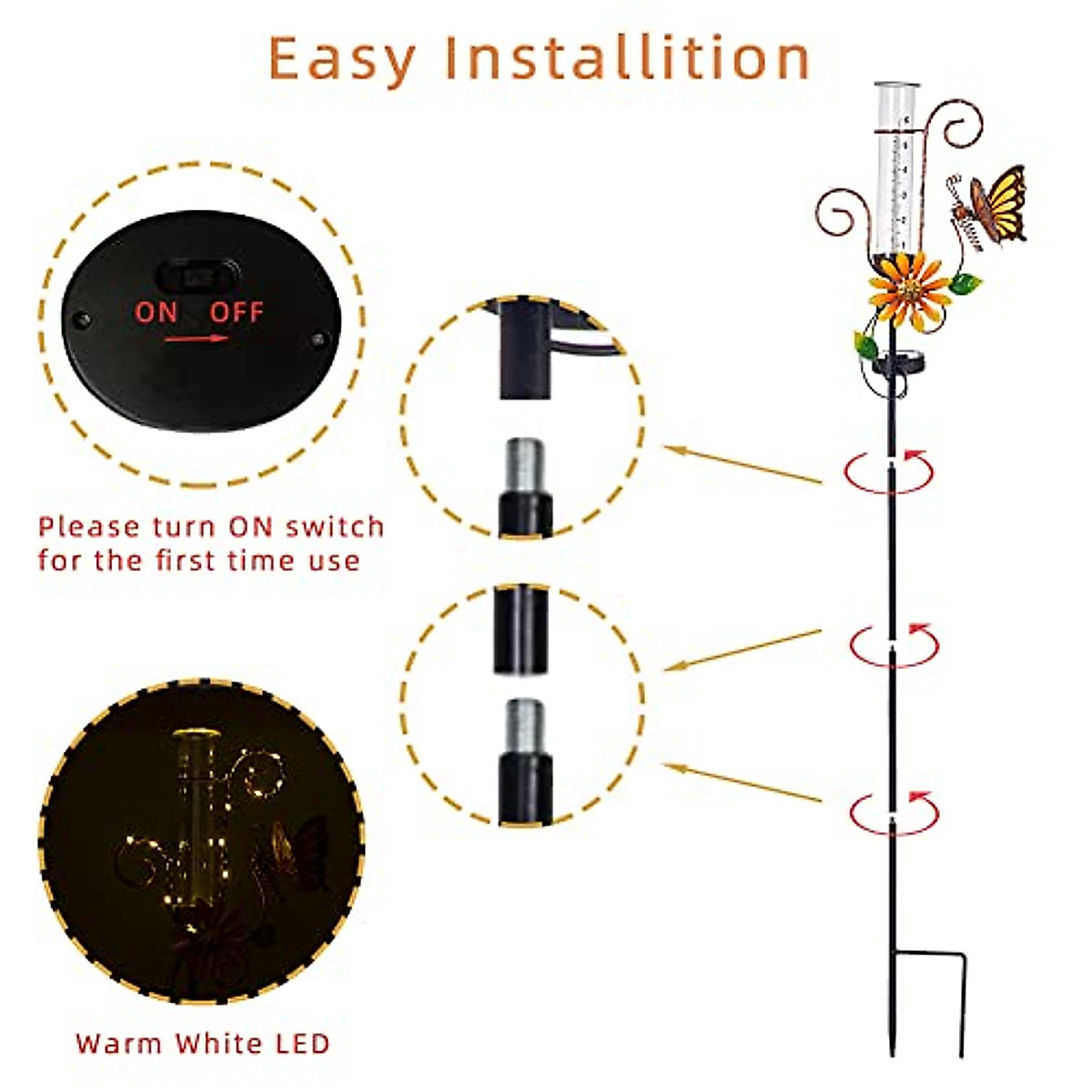 Stargarden Butterfly Rain Gauge Outdoor,Solar Garden Rain Gauge Decorative Waterproof for Yard Garden Patio Lawn