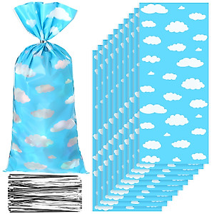 Outus 100 Pieces Blue Sky White Clouds Birthday Party Supplies Blue Sky White Clouds Cellophane Bags Cartoon Story Gift Bags with 200 Silver Twist Ties for Baby Kids Shower Birthday Party Decorations