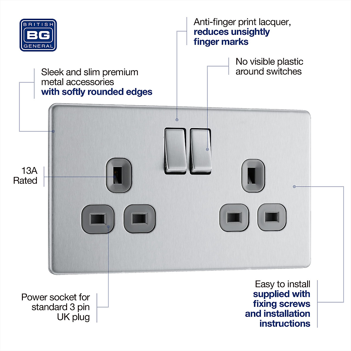 BG Electrical Double Switched Screwless Flat Plate Power Socket, Brushed Steel, 13 Amp