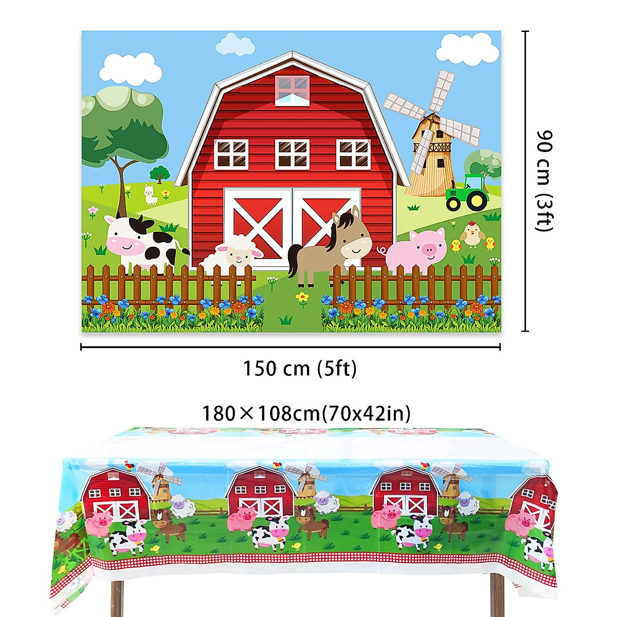 Farm Animals Theme Party Decorations,Farm Animals Barn Door Backdrop and Tablecloth for Children Baby Shower Birthday Party Supplies Banner (5x3ft)