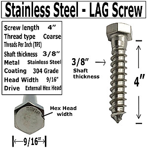 3/8" X 4" - 304 Grade Stainless Steel lag screws, Hex head fasteners, stainless steel screw. Use as Construction, wood, metal, lag screw or mounting screws fasteners lag bolts. Heavy duty screws. (25)