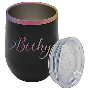 Custom Engraved Insulated Stemless Wine Tumbler Cup - Personalized Bridesmaid Beach Pool Girls Fun - Monogrammed (Black with Prism)
