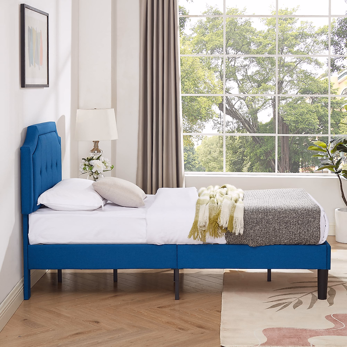 VECELO Twin Upholstered Platform Bed Frame with Adjustable Button Stitched Panel Headboard,Strong Wood Slat Support,Velcro Design,Mattress Foundation/Easy Assembly,Blue