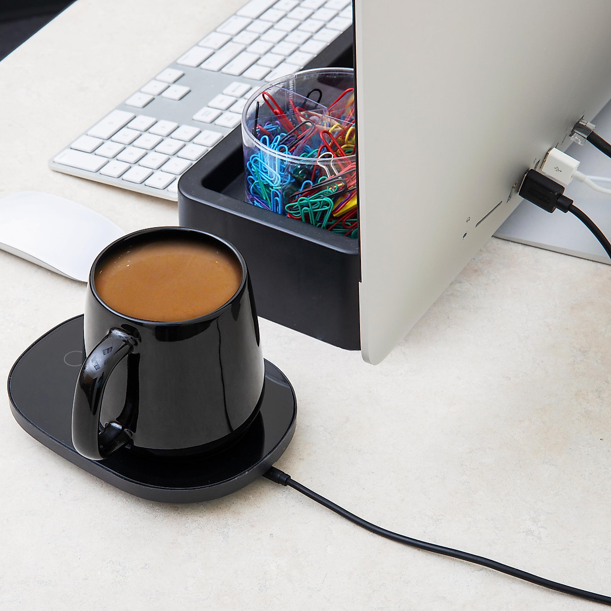 Mind Reader Coffee Warmer and Mug Set, Tea Cup Warmer, Coffee Accesories, Desk, USB Cord, 6.5" L x 4.75" W x 1" H, 2 Pcs, Black