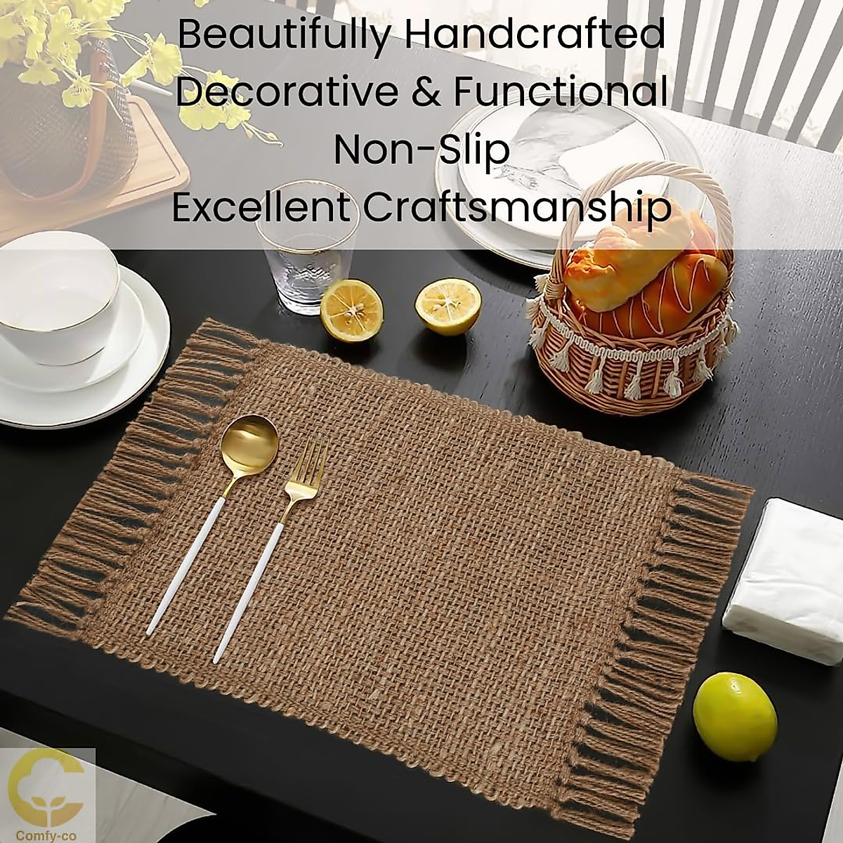 Comfy-co Handcrafted Jute Burlap Placemats Set of 4 - Farmhouse Reversible Placemats for Wedding Parties BBQ's Everyday Holidays - 100% Jute 14x19 inch Rustic Vintage Placemats Natural