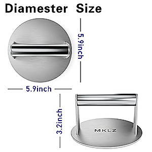 MKLZ Burger Smasher Stainless Steel Bacon Press, 5.9 Inches Round Heavy Duty Burger Smasher with Handle, Bacon Press Grill Press Perfect for Flat Top, Professional Griddle Grill Cooking