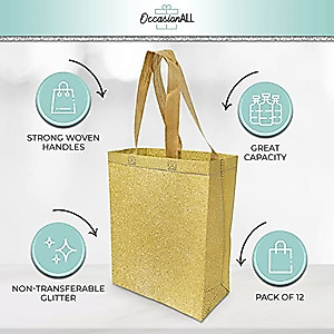 Gold Gift Bags - 12 Pack Large Gold Reusable Gift Bag Tote with Handles, Glitter Metallic Bling Shimmer, Eco Friendly for Birthday Parties, Bridesmaids, Party Favors, Grocery Shopping - 10x5x13