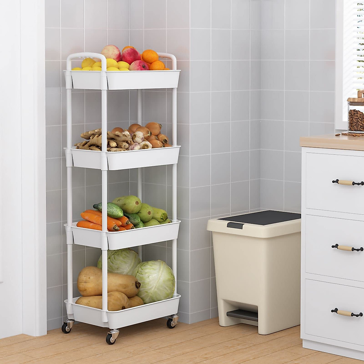 JIUYOTREE 4-Tier Rolling Storage Cart Utility Cart with Lockable Wheels for Living Room Bathroom Kitchen Office White