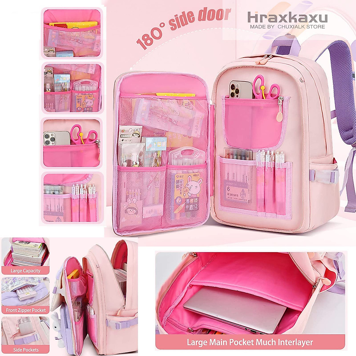 Cute Bunny Backpack, Kawaii Bunny Backpacks Girls,Back To School Large Capacity Waterproof Bookbag for Grades 1-6 Bags(Purple)