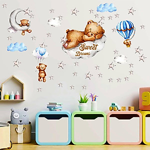Tedy Bear Sleeping on The Moon and Stars Wall Stickers for Kids Baby Room Decor Sweet Dream Moon Hot Air Star Baby Nursery Decor Room Interior Decor Kid Bedroom Playroom Wall Decals (Blue)
