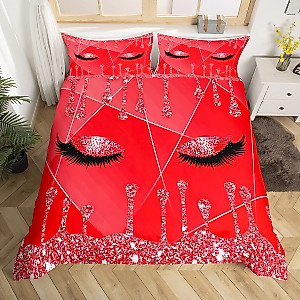 Feelyou Eyelash Duvet Cover Eyes Pattern Design Comforter Cover Glitter Print (No Glitter) Red Bedding Set for Adults Modern Simple Lovely Bedspread Cover Ultra Soft Quilt Cover 3Pcs Queen Size