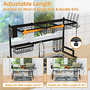 Beacron Over The Sink Dish Drying Rack, Width Adjustable(33.46''-41.33'') 2 Tier Stainless Steel Dish Drying Rack, Large Capacity Dish Rack for Counter Kitchen Storage Organizer and Space Saver