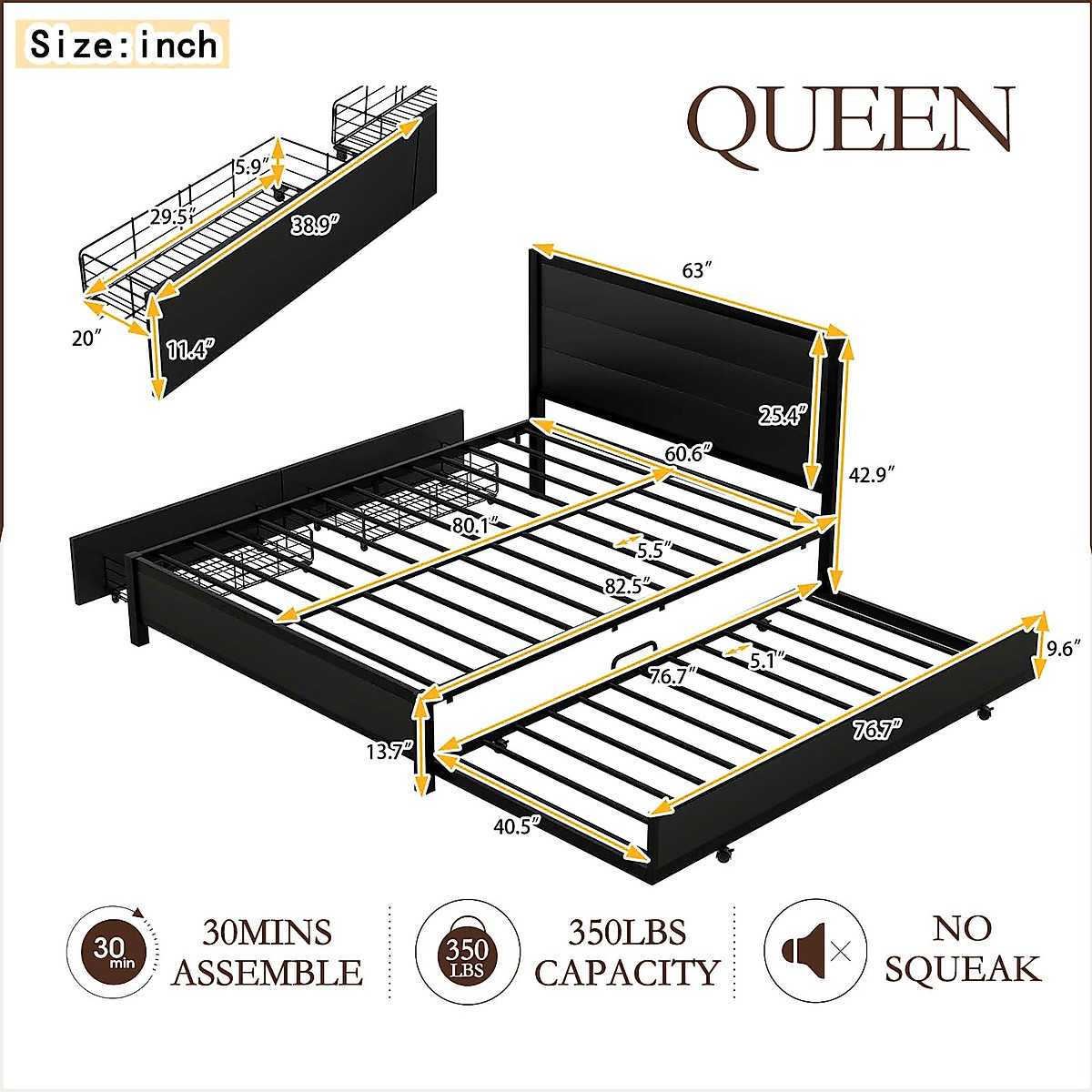 Altillo Queen Size Metal Platform Bed Frame with 2 Storage Drawers and Twin Size Trundle, Mattress Foundation with Tufted Headboard, No Box Spring Needed, Noise Free (Queen)
