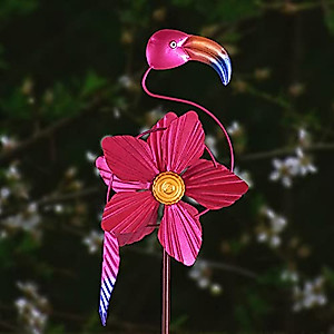 MorTime Flamingo Wind Spinner Garden Stake, 40 Inch Metal Pink Flower Flamingo Windmill Outdoor Decorative Flamingo Wind Sculpture for Spring Yard Lawn Pathway Decorations