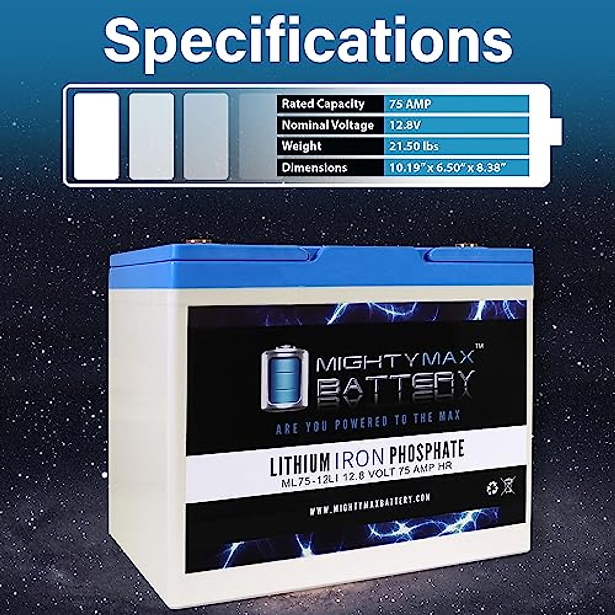 Mighty Max Battery Mighty Max Battery ML75-12LI - 12 Volt 75 AH Deep Cycle Lithium Iron Phosphate (LiFePO4) Rechargeable and Maintenance Free Battery