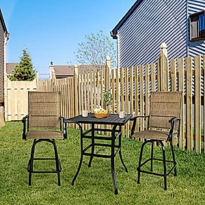 Bigroof 3 Piece Patio Bar Sets, with 2 Outdoor Bar Swivel Stools with High Back & Armrest and 1 Square Table with Umbrella Hole (Set of 3)