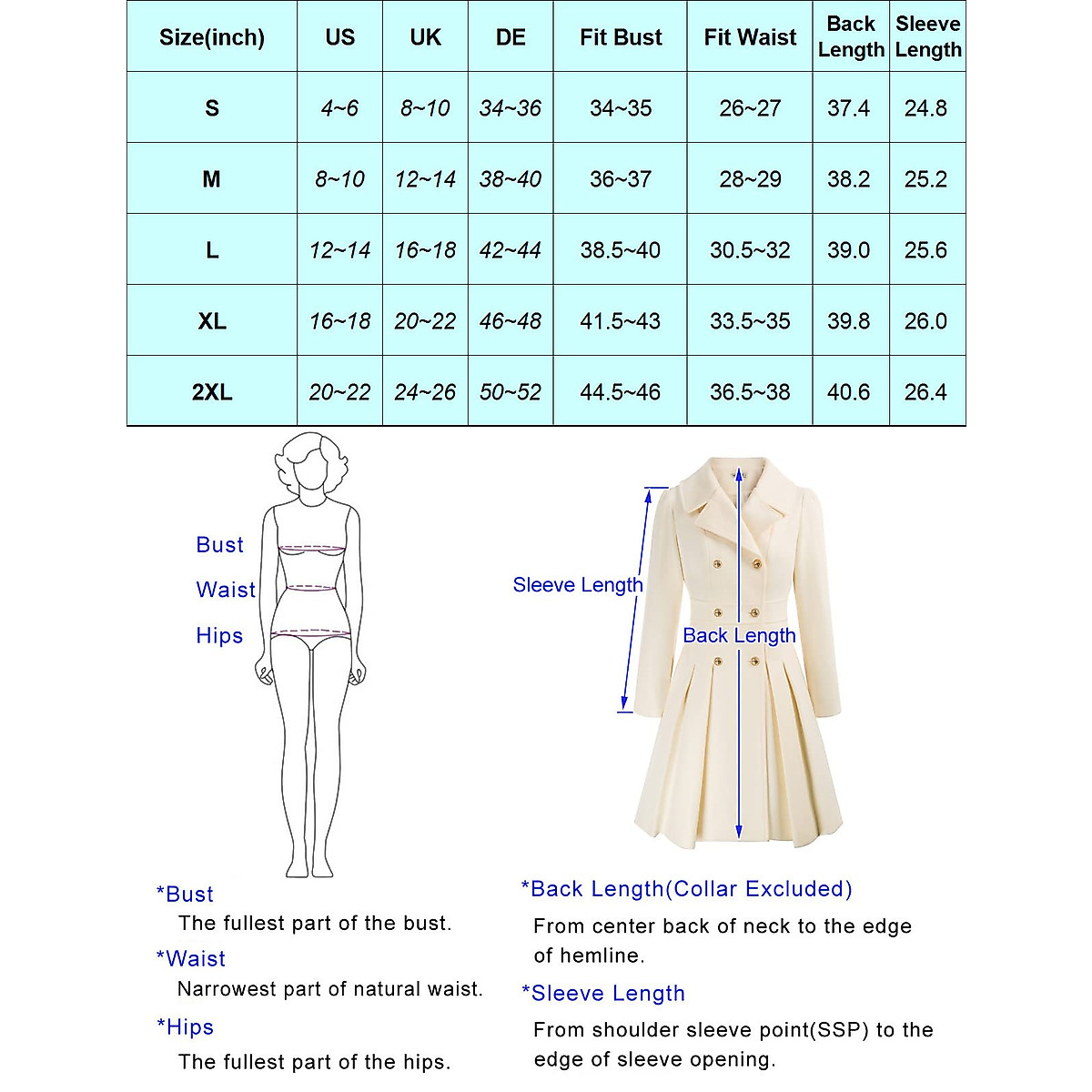 GRACE KARIN Women Swing Double Breasted Pea Coat Autumn Lapel Dress Outwear Dark Blue S