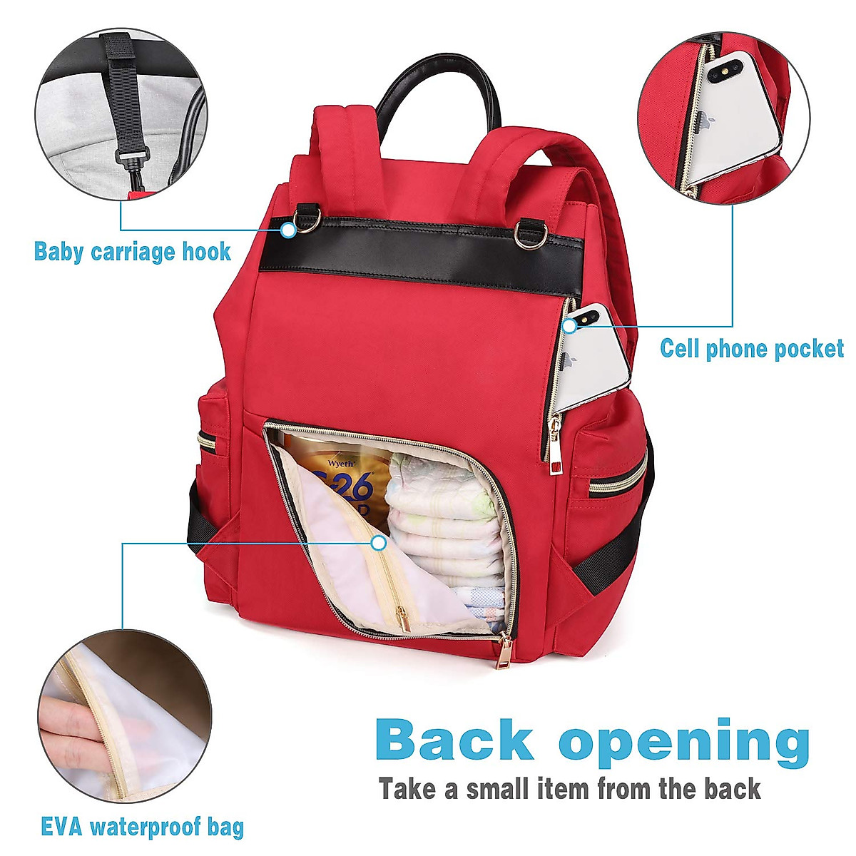 QIMIAOBABY Diaper Backpack, Waterproof Nylon Baby Nappy Storage Bag (Red)