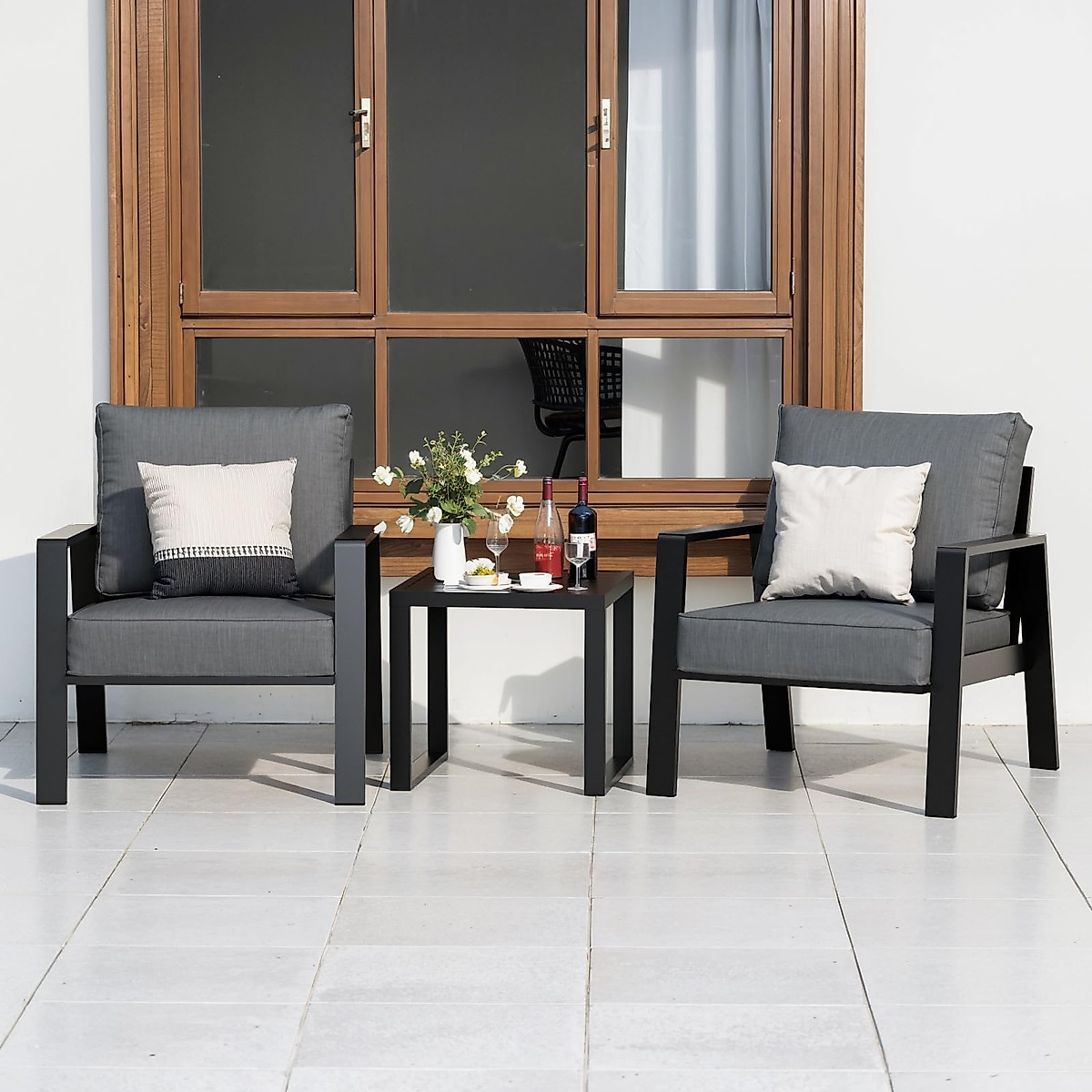 YOEEMZ 3 Pieces Aluminum Outdoor Furniture Set, Oversized Patio Couch, All Weather Metal Sofa with Side Table, Grey