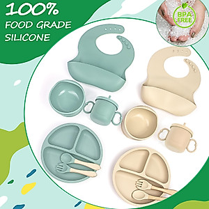 Silicone Baby Feeding Set, 18PCS Baby Led Weaning Supplies, Includes Baby Suction Bowls and Plates, Silicone Baby Bibs, Silicone Baby Cup, Silicone Baby Spoons and Forks (Beige & Olive-green)