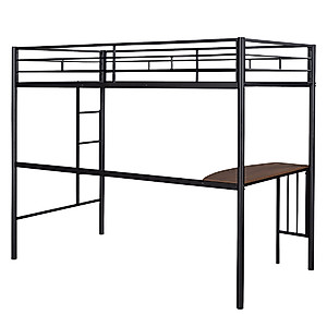 BOVZA Metal Loft Bed Twin Size with Desk, Ladder and Guardrails, for Kids Teens Adults, Black